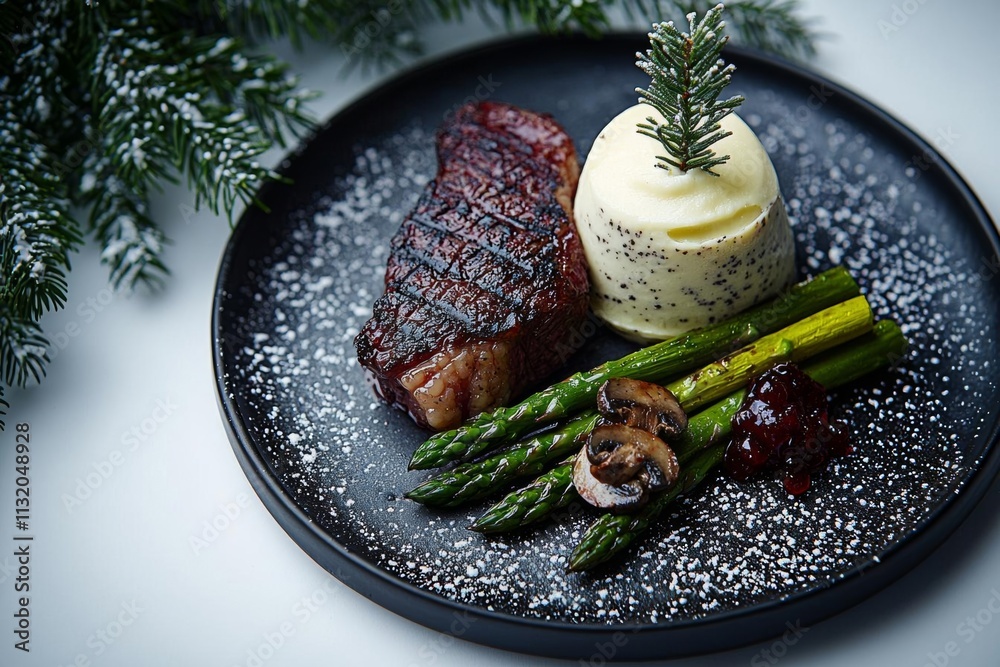 Gourmet barbecue dry aged angus beef steak with green asparagus and ...