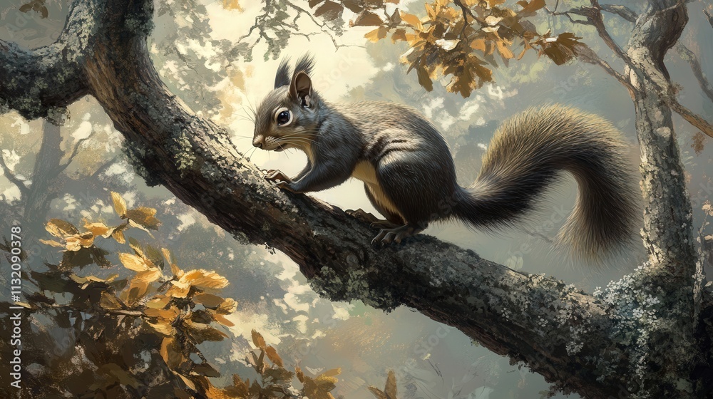 High in a tall tree, a squirrel balances expertly, bushy tail curling ...