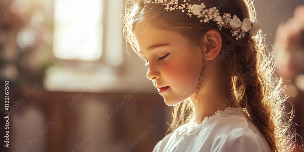 Young girl prepared for her first holy communion, showcasing a ...