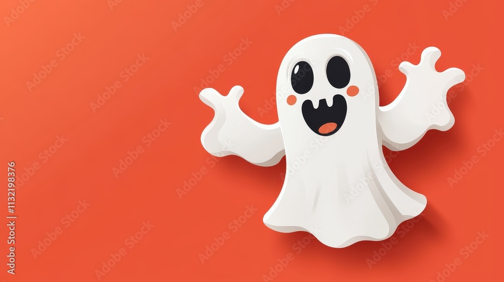 Cute ghost cartoon is a playful character. Friendly phantom on orange ...