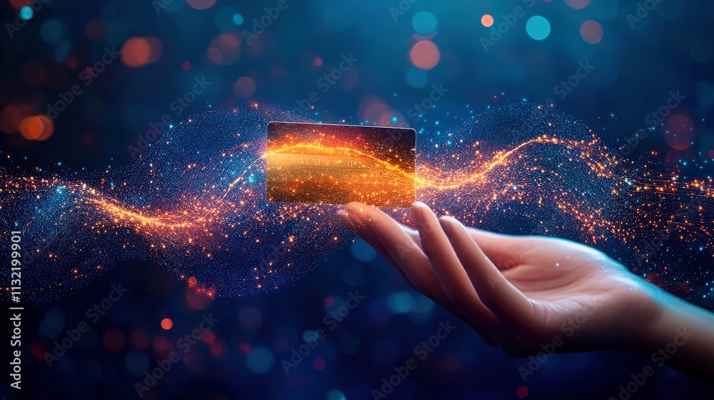 Futuristic digital payment card glow. Modern card and hand show ...