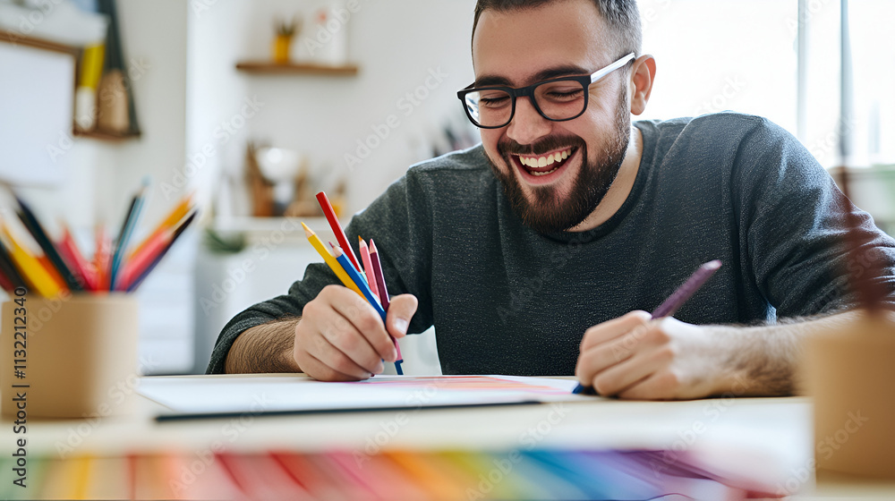 Happy male student laughing while drawing with colored pencils in art ...