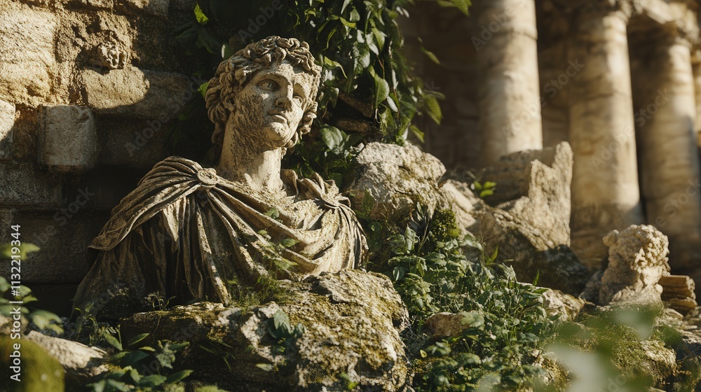 Ancient Roman statues lying amidst overgrown ruins, the fine details of ...