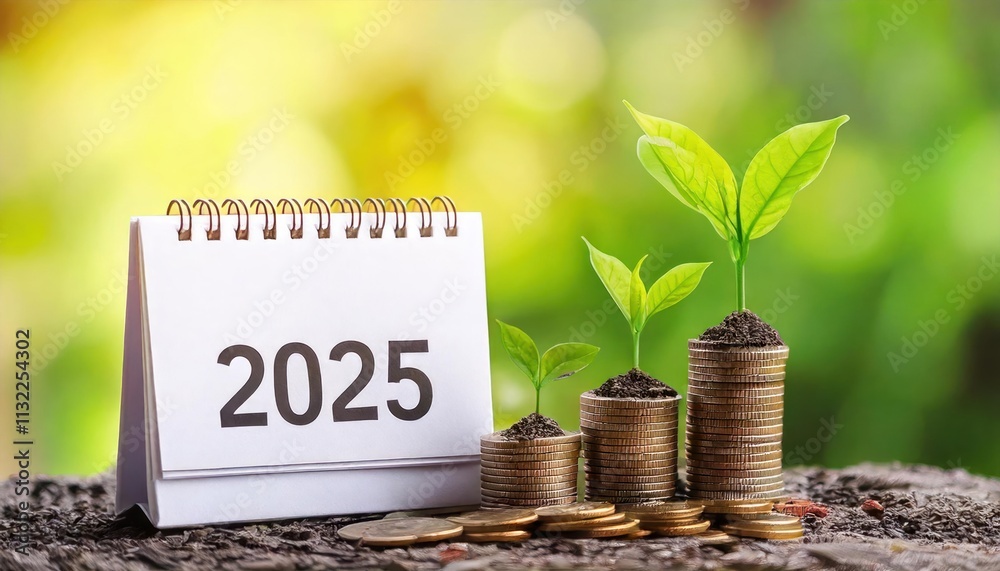 Finance Planning for 2025 Calendar and Plants Growing on Stacked Coins ...
