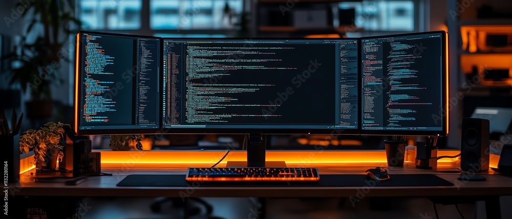 Code on computer screens, symbolizing technology and programming, dark background with ...