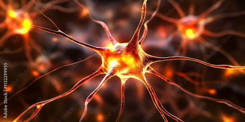A close-up view of a neuron with glowing connections, illustrating the ...