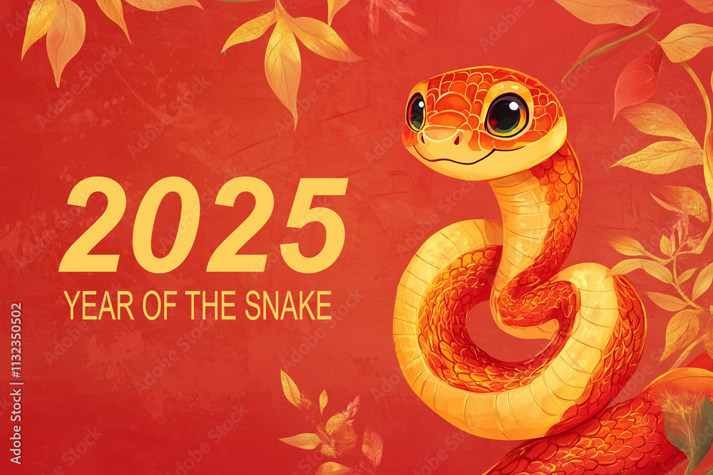 Golden and red cute baby snake, Happy New Year, 2025 chinese and lunar ...