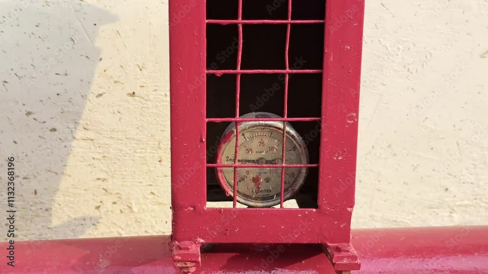 Pressure gauge on the pipe of fire hose, closeup of water pressure ...