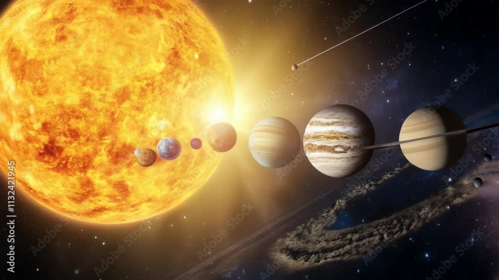 depiction of the solar system with the Sun and the eight planets ...