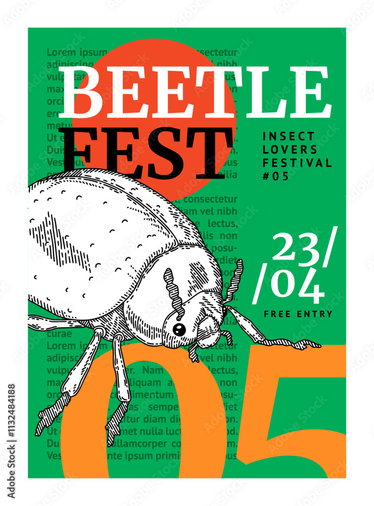 Beetle poster design. Entomology exhibition. Natural museum. Sketch bug ...