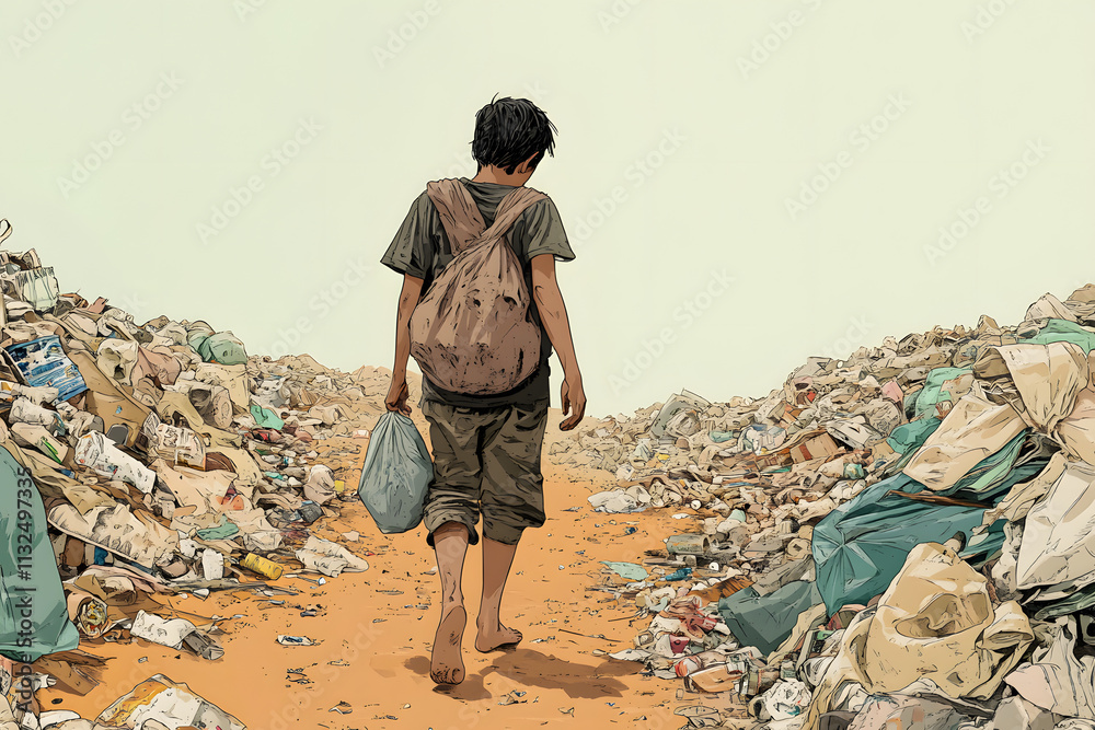 Illustration of a barefoot child walking through a garbage dump with a ...