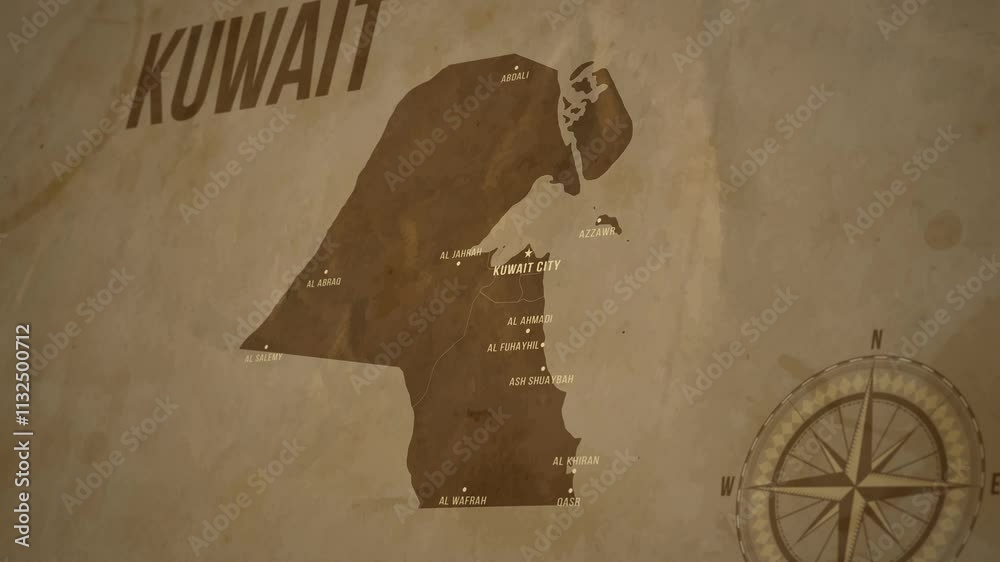 Vintage Map of KUWAIT with states Borders and Major Cities Positions ...