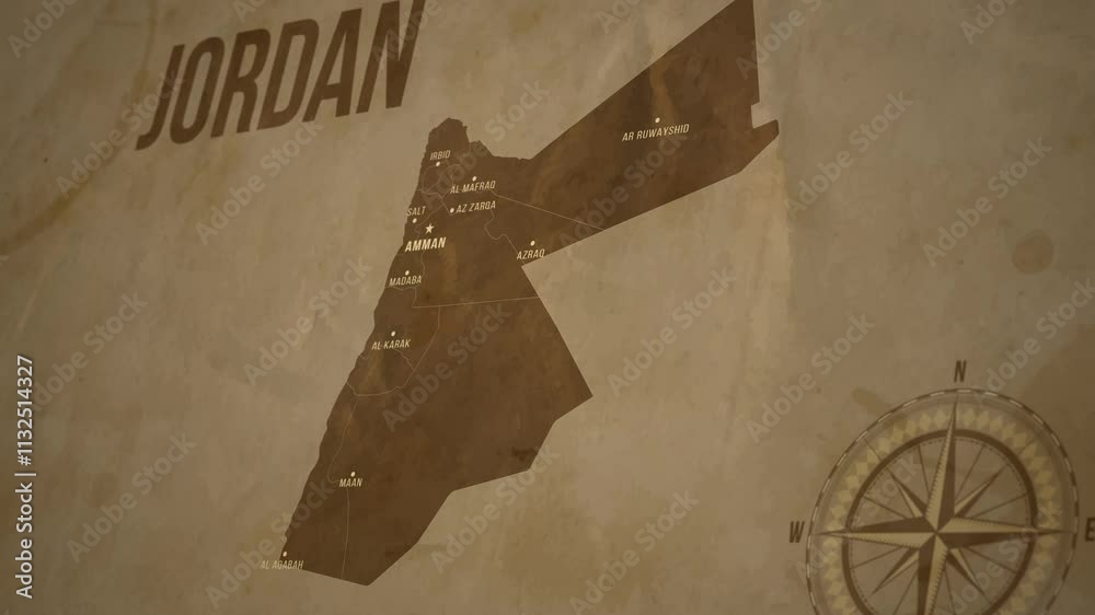 Vintage Map of JORDAN with states Borders and Major Cities Positions ...