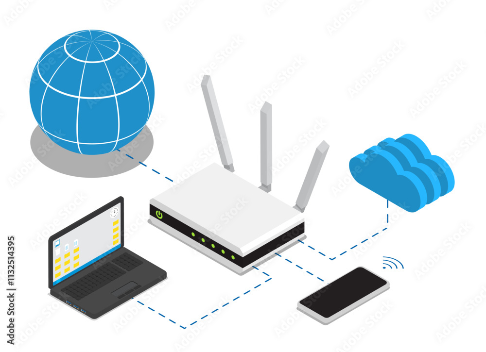 Isometric wireless WiFi router device. Global network of devices ...