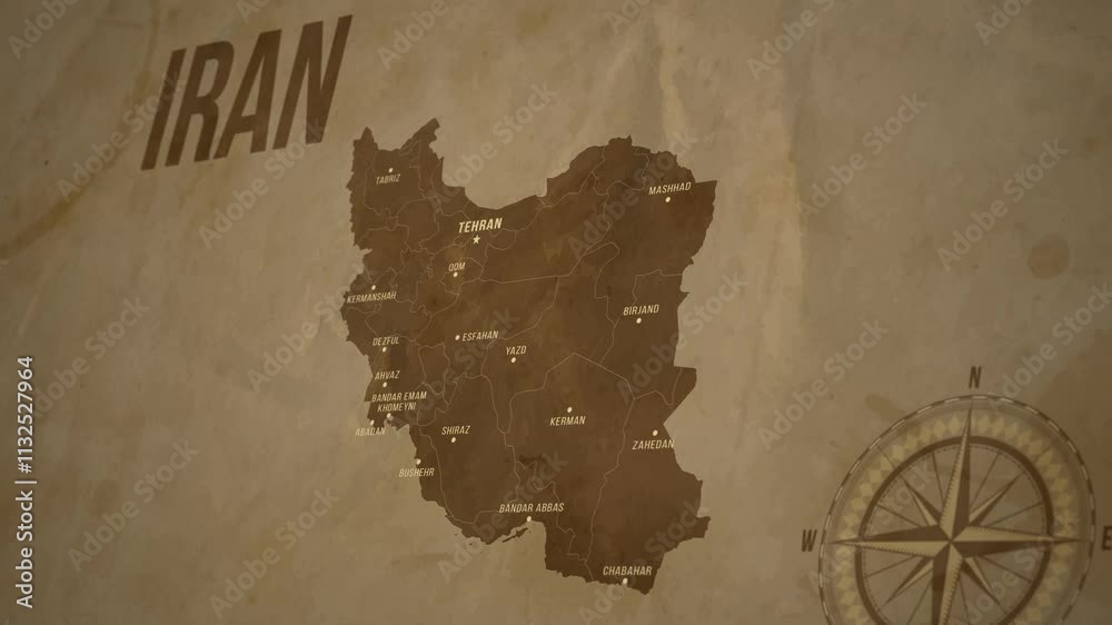 Vintage Map of IRAN with states Borders and Major Cities Positions ...