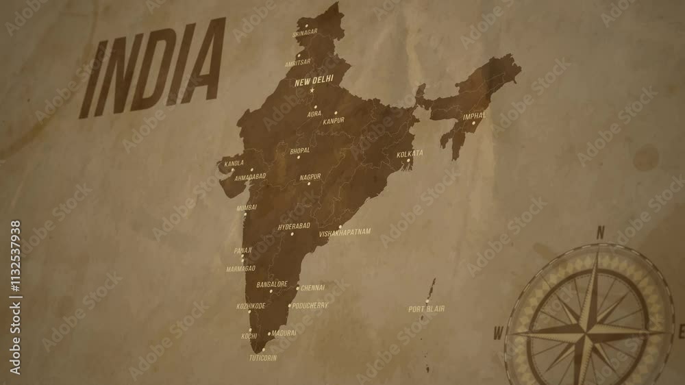 Vintage Map of INDIA with states Borders and Major Cities Positions ...
