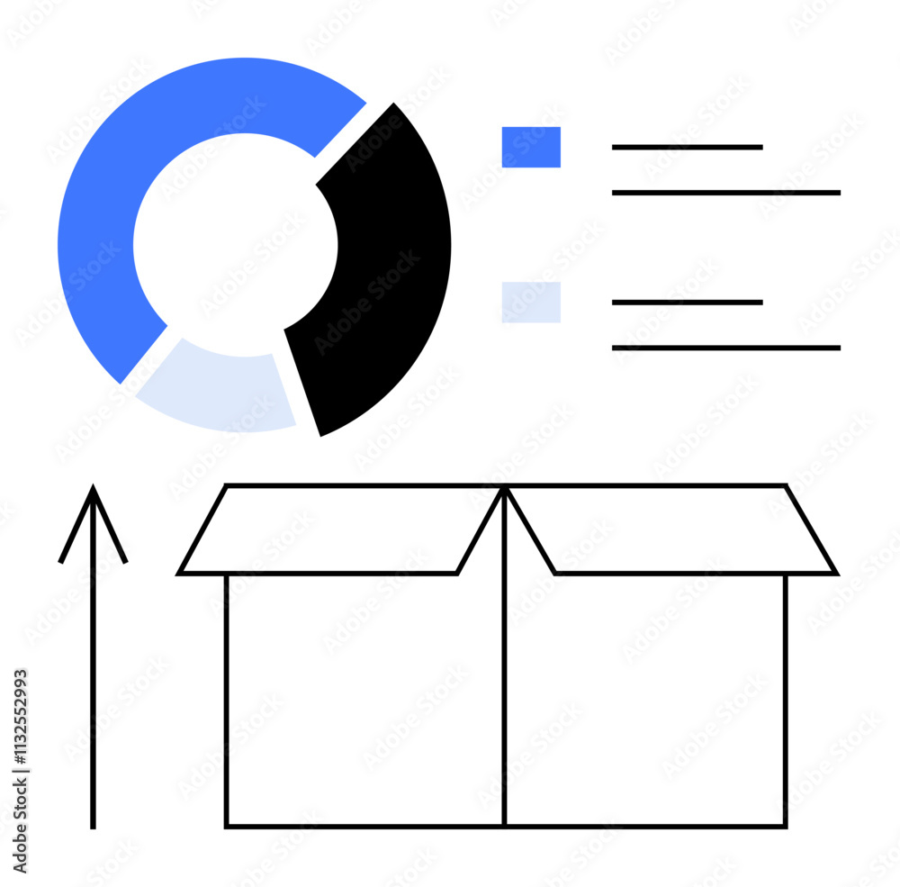 Data pie chart, bar indicators, arrow pointing upward, and open box ...