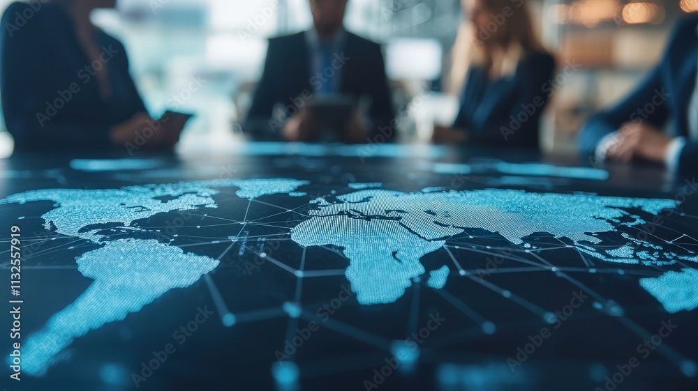 Global Strategy: Business professionals gather around a digital map of ...