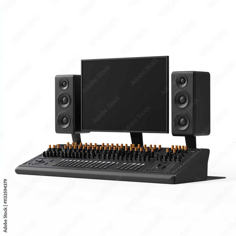 A modern audio mixing console setup featuring a monitor, two speakers ...