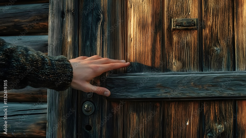Side view of a young man's hand about to knock on a rustic cabin door ...