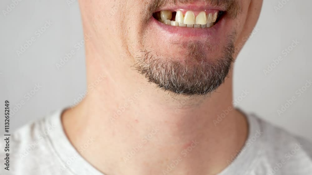 Close-up of a man mouth with missing tooth. Man after tooth extraction ...