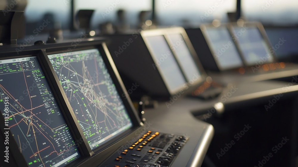 Air traffic control tower overseeing a bustling airport, ensuring safe ...