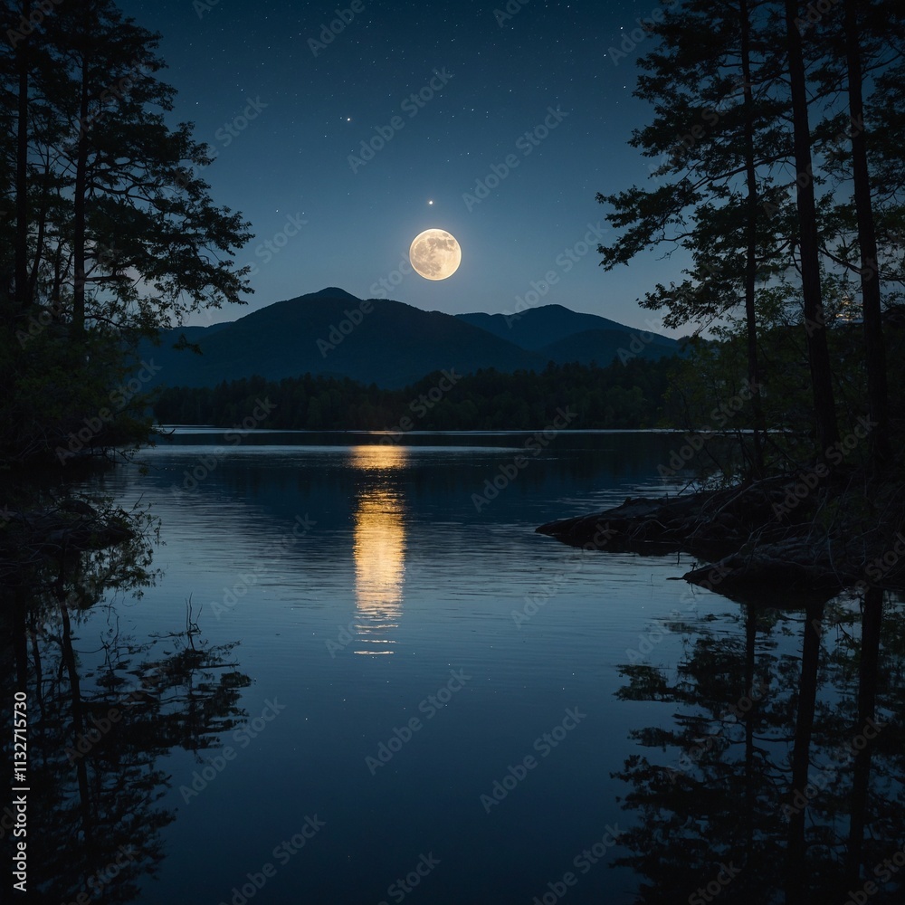A tranquil scene under the moonlight, where soft silver beams of light ...