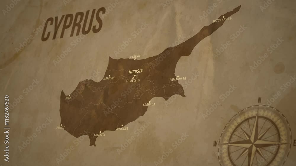Vintage Map of CYPRUS with states Borders and Major Cities Positions ...