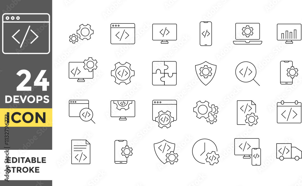 DevOps development Editable line stroke icon set. Test release monitor ...