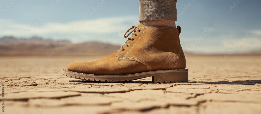Close-up of a rugged desert boot in tan suede, detailed texture and ...