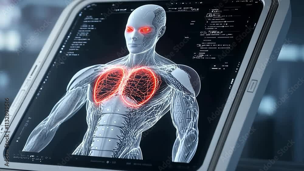 Biocomputer display of a humanoid figure showcasing internal anatomy ...