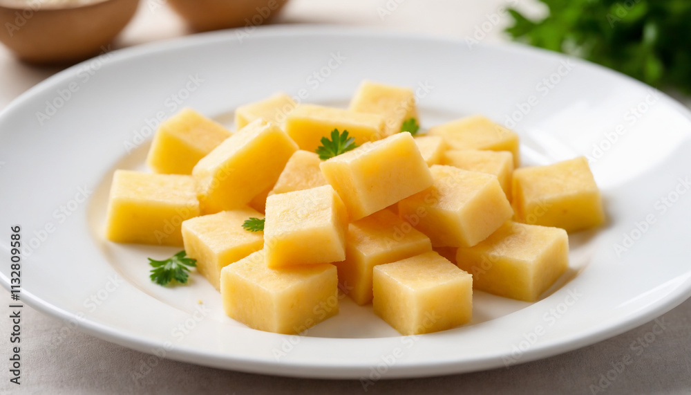 Boiled cassava roots in a realistic style in white and yellow with copy ...