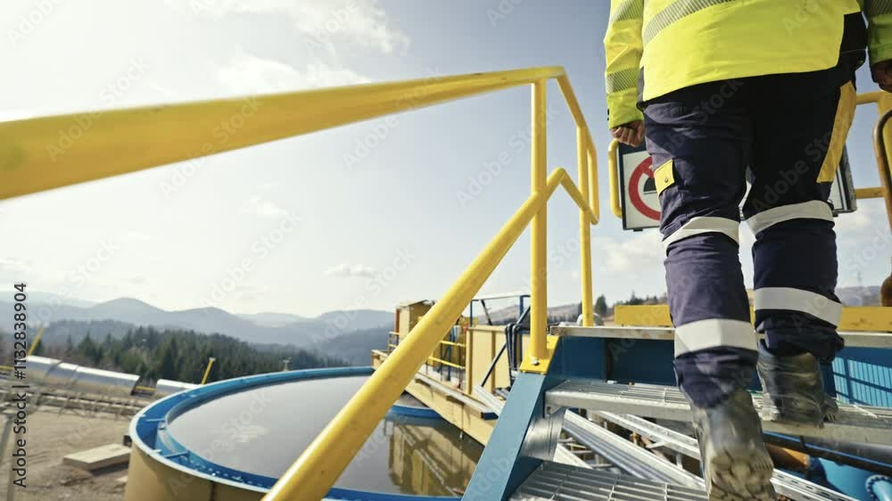 Worker ascending metal stairs with yellow safety railing at an ...