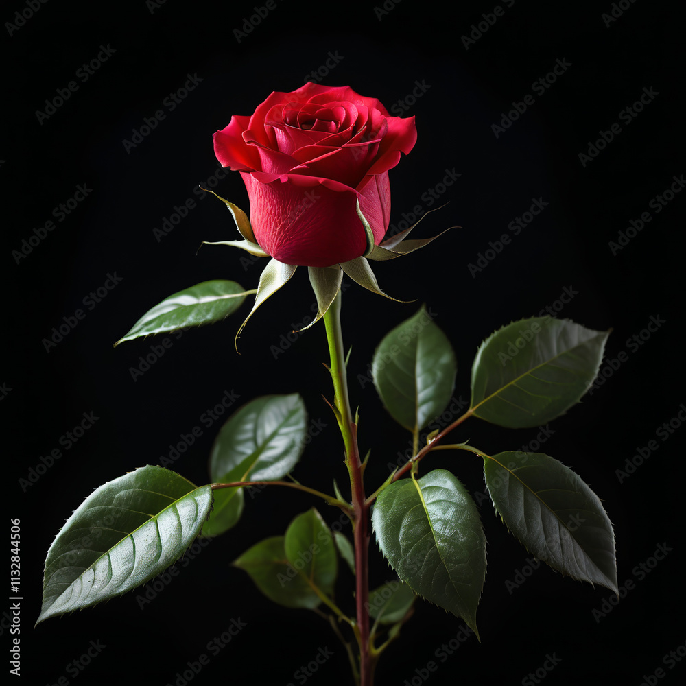 Exquisite Red Rose on Black Background. A single, vibrant red rose ...