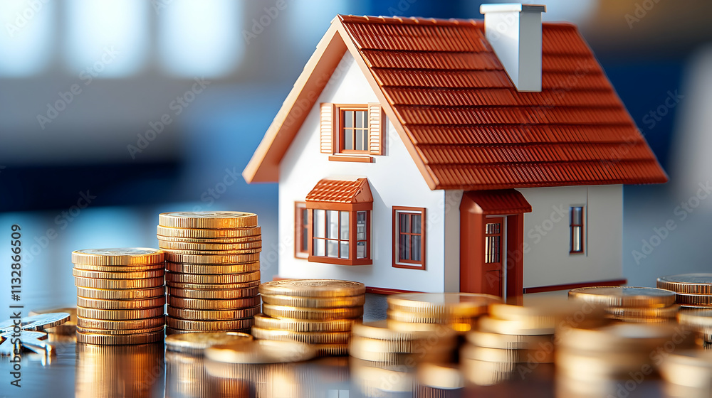 House model with stacks of gold coins, representing homeownership costs ...