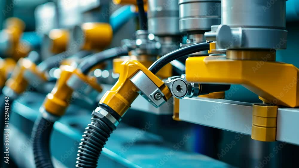Close-up view of industrial pneumatic tools connected to a compressed ...