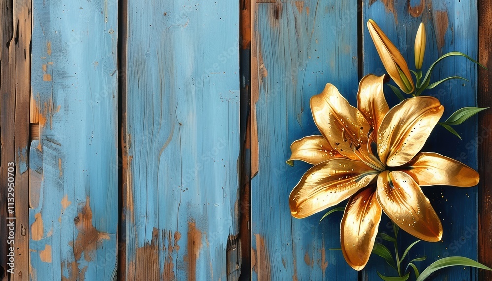Rustic floral design with gold fleur de lis and lily on weathered wood ...