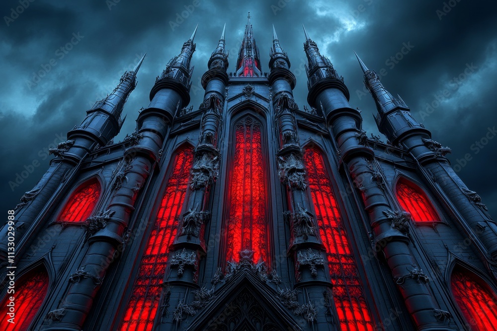 A gothic-inspired evil lair with towering black spires, gargoyle ...