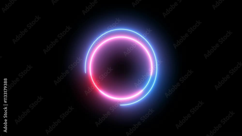 A circular neon frame made of two moving neon lights. Empty frame round ...