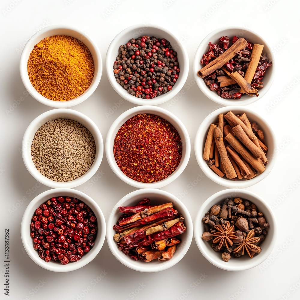 An assortment of vibrant spices displayed in small white bowls ...