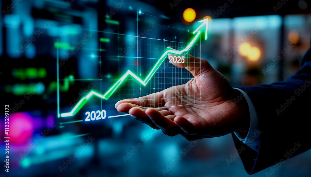 hand in a suit holding a holographic display showing a graph with ...