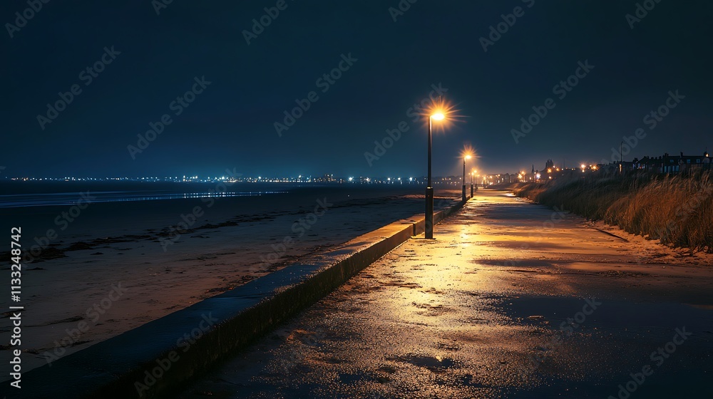 29. A light pole casting a soft glow on a beach promenade at night ...