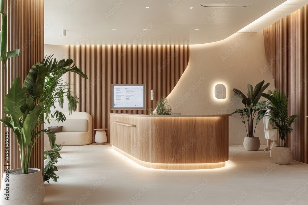 Modern minimalist reception area with wooden paneling, curved walls ...