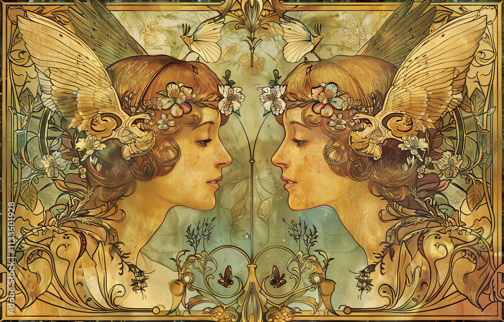 Gemini Zodiac Sign in Art Deco Nouveau Style Stock Illustration | Adobe ...