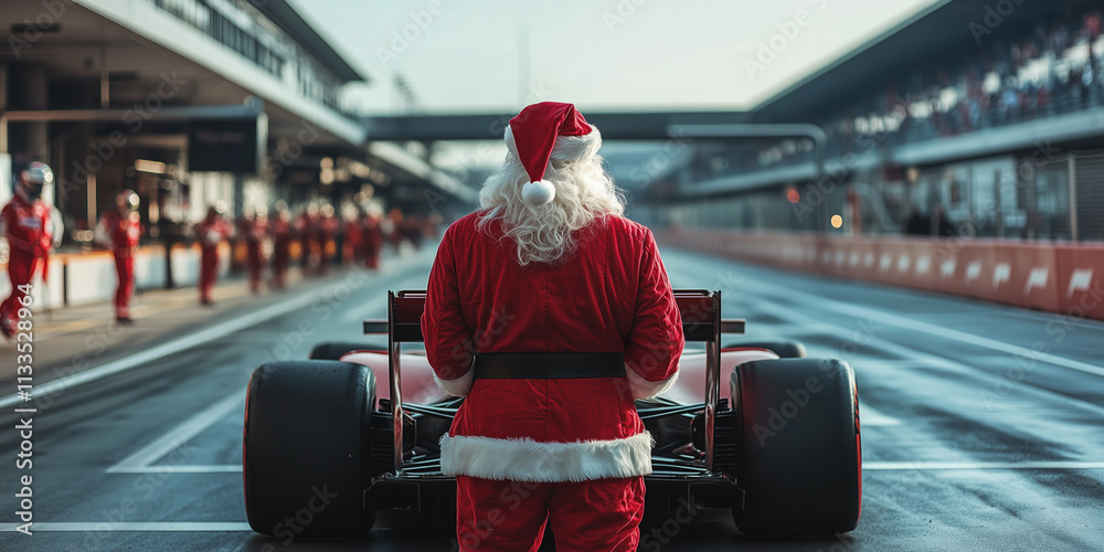 Santa Claus standing back and watching F1 car. Racing sports on ...