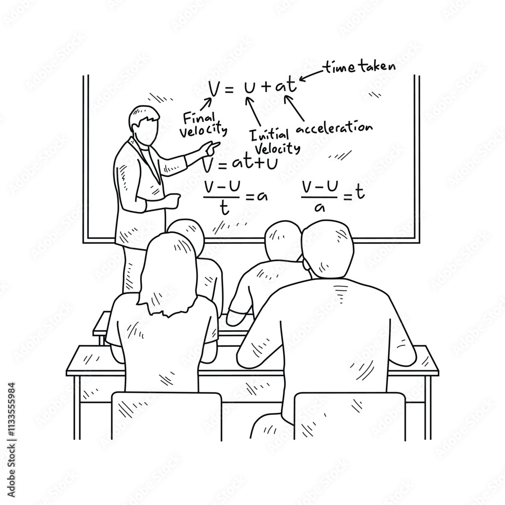 Simple sketch drawing of a teacher is teaching his students physics ...