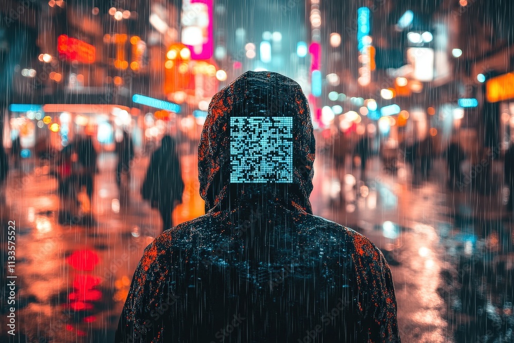 AI-generated image of a hooded figure with a glowing QR code on their ...