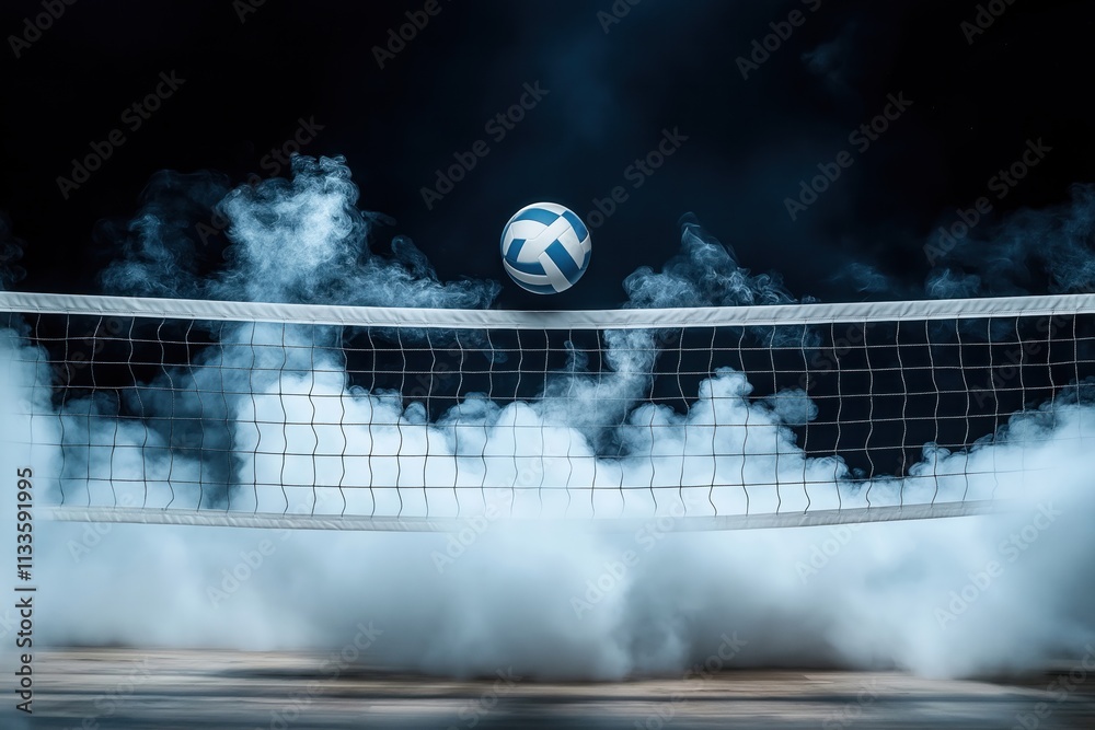 Dramatic volleyball net scene in dramatic smoke. Ball in mid-air above ...