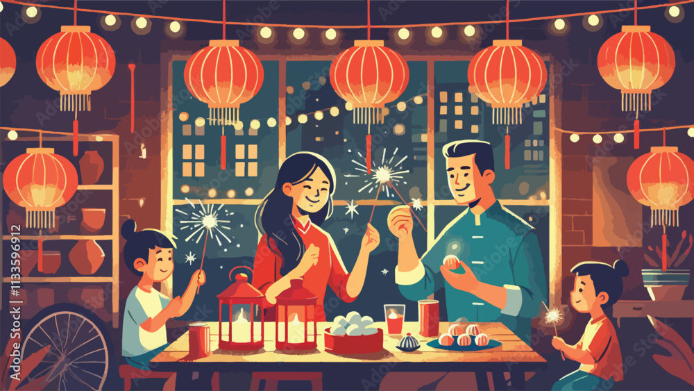 A family celebrating the Lantern Festival at home, hanging red lanterns ...