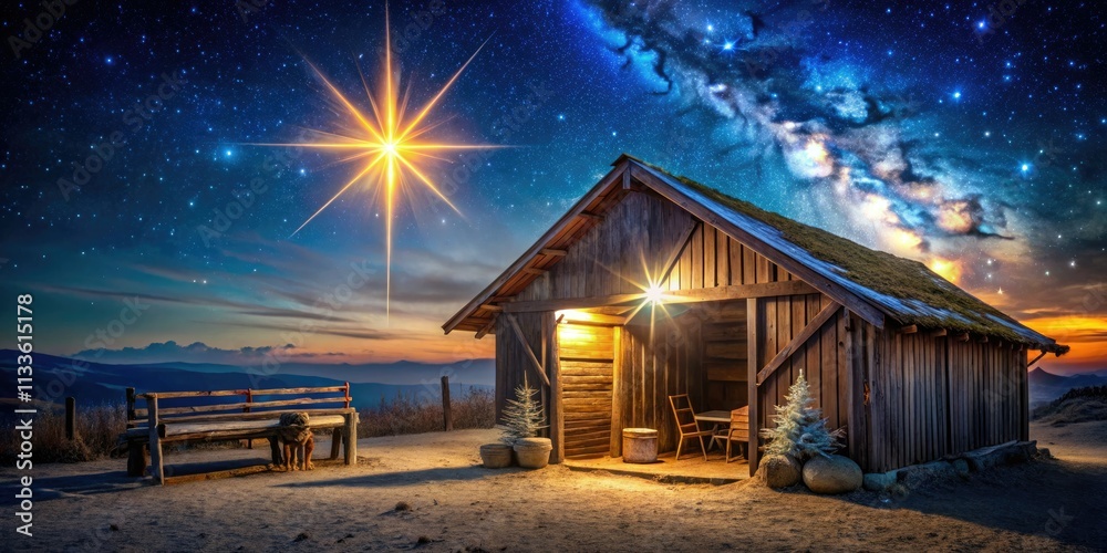 Bethlehem's stable, empty manger on Christmas Eve, a starry night's ...